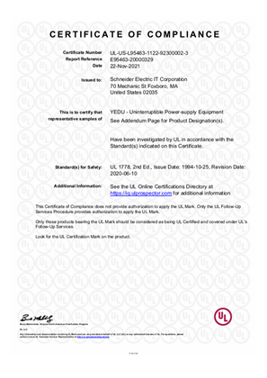 cULus Certificate - UPS accessory - Transformer | 슈나이더 일렉트릭