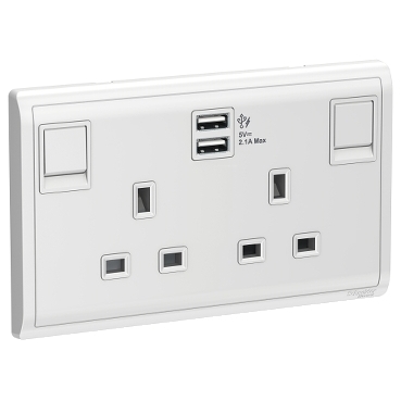 E82T25USB_WE_G12 - 13A Twin Gang Switched Socket with 2.1A USB, White ...