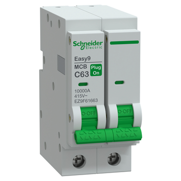 EZ9F61663 - Miniature circuit breaker (MCB), Easy9 Plug-On, 2P, 63A, C curve, 10000A (IEC/EN ...