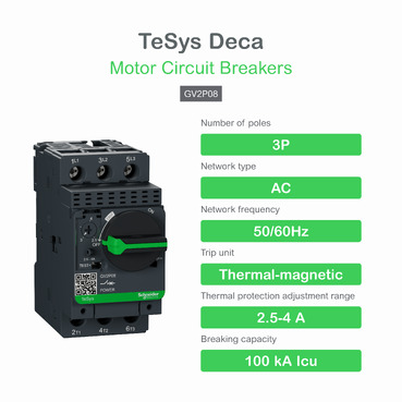 GV2P08 - Motor circuit breaker, TeSys Deca, 3P, 2.5 to 4A, thermal ...