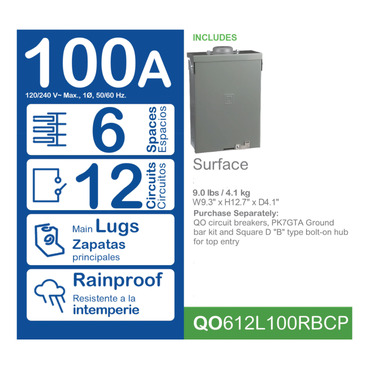 QO612L100RBCP - Load center, QO, 1 phase, 6 spaces, 12 circuits, 100A fixed main lugs, NEMA3R ...