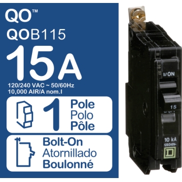 QOB115 - Mini circuit breaker, QO, 15A, 1 pole, 120/240VAC, 10kA, bolt ...
