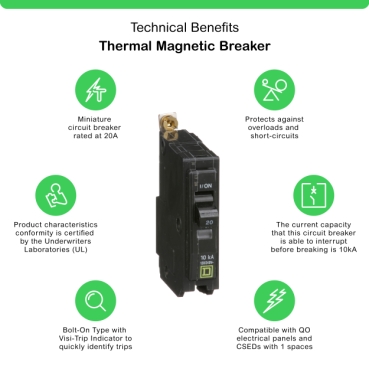 QOB120 - Mini circuit breaker, QO, 20A, 1 pole, 120/240VAC, 10kA, bolt ...