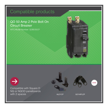 QOB250 - Mini circuit breaker, QO, 50A, 2 pole, 120/240VAC, 10kA, bolt ...