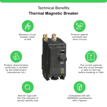 QOB250 - Mini circuit breaker, QO, 50A, 2 pole, 120/240VAC, 10kA, bolt ...