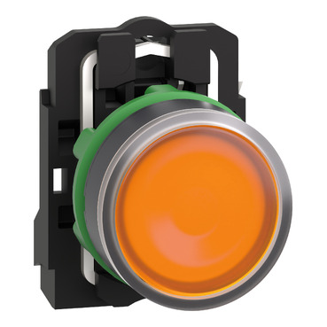 XB5AW35B1 - 照光按鈕， Harmony XB5，塑膠，平頭，黃色，Ø22，彈簧復歸， 24 V AC/DC, 1 NO ...