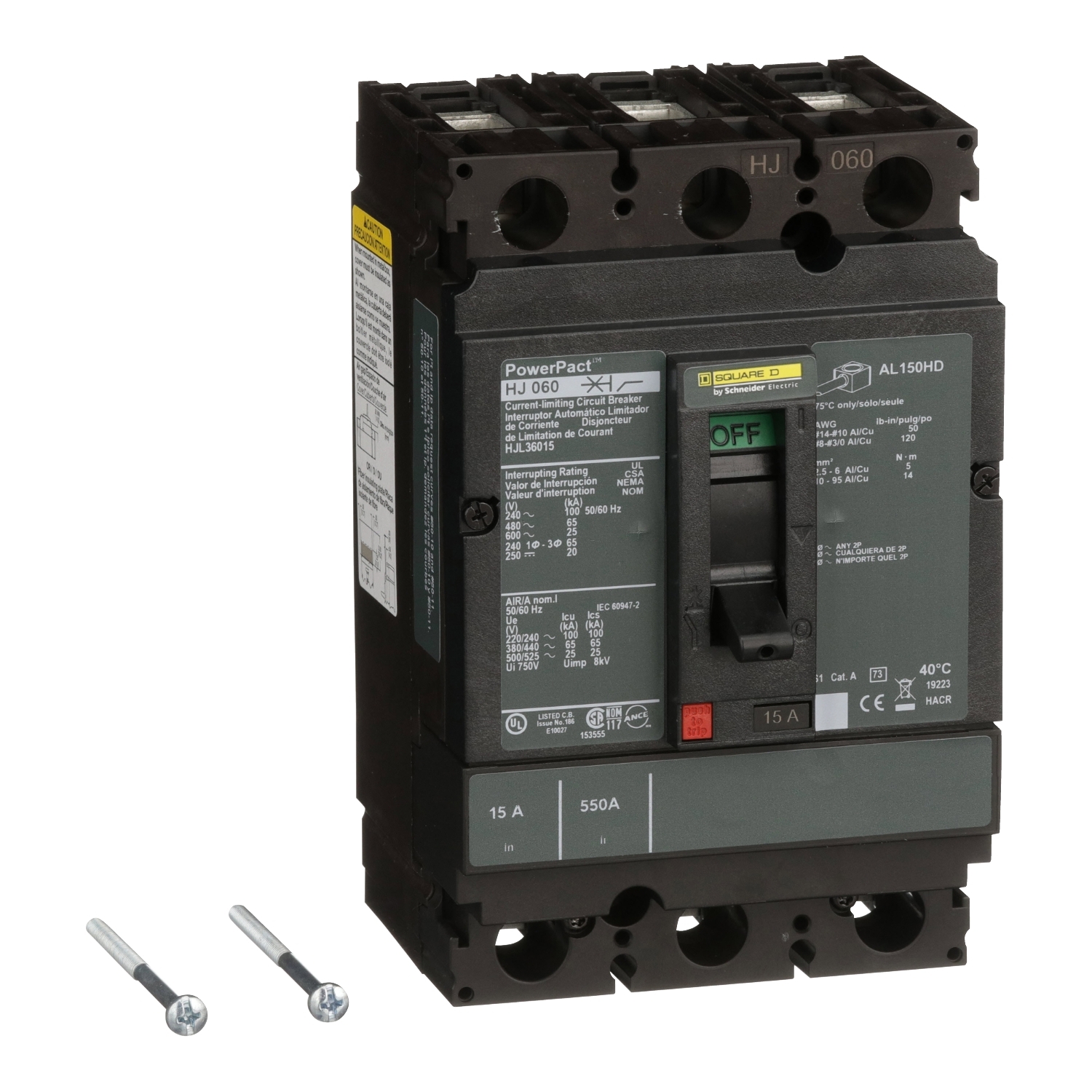 HJL36015, Circuit breaker, PowerPacT H, 15A, 3 pole, 600VAC, 25kA, lugs ...