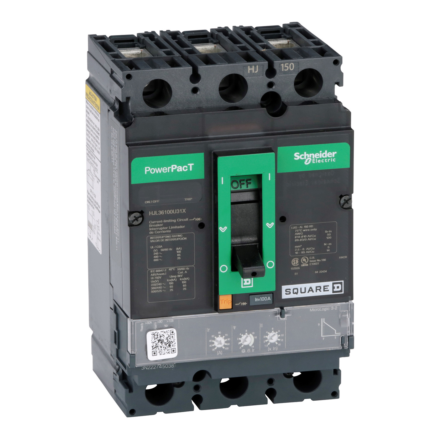 HJL36100U31X, Circuit breaker, PowerPacT H, 100A, 3 pole, 600VAC, 25kA ...