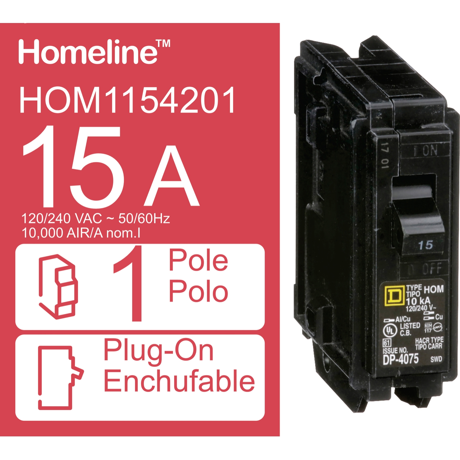 HOM1154201 - Mini circuit breaker, Homeline, 15A, 1 pole, 120/240VAC ...