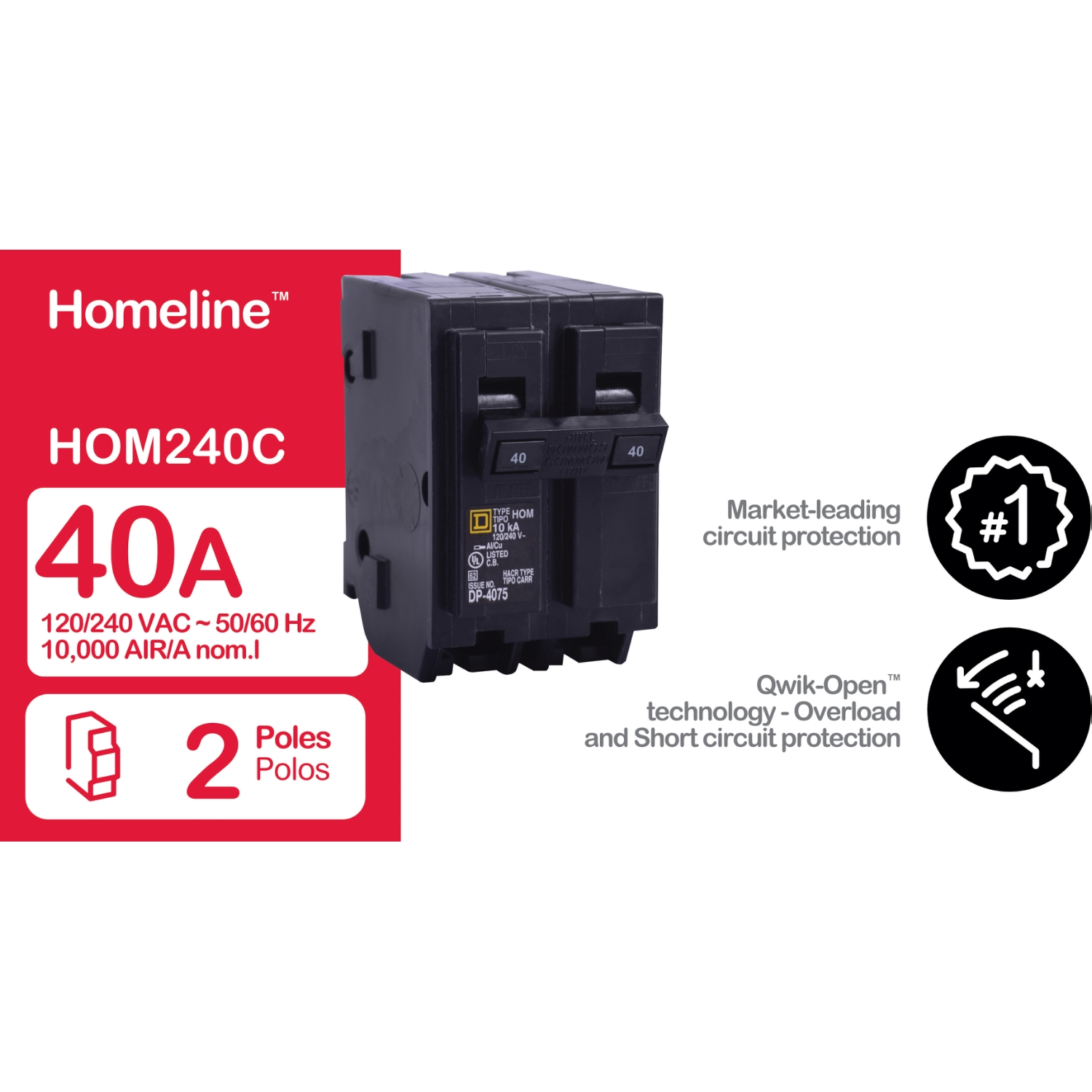 HOM240 - Mini circuit breaker, Homeline, 40A, 2 pole, 120/240VAC, 10kA ...
