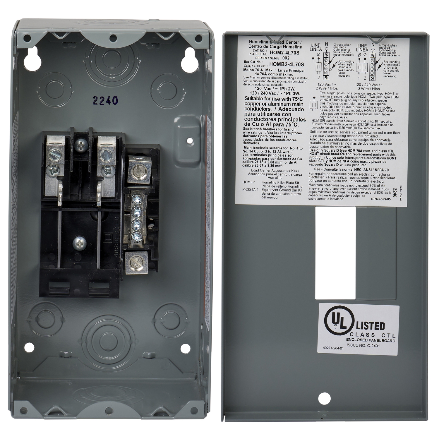 HOM24L70SCP - Load center, Homeline, 1 phase, 2 spaces, 4 circuits, 70A ...