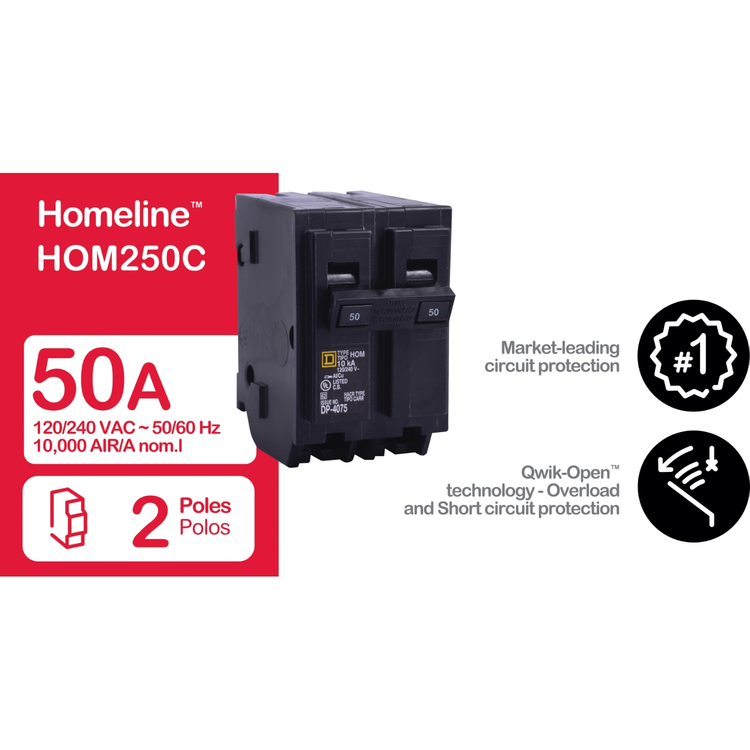 HOM250 - Interruptor Enchufable Homeline 2P 50A 10kA 120/240Vac ...