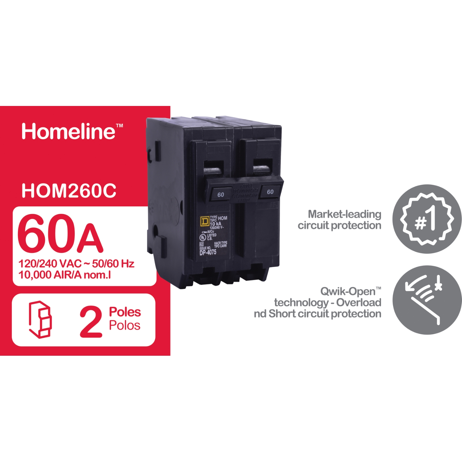 HOM260CP - Mini circuit breaker, Homeline, 60A, 2 pole, 120/240VAC, 10kA AIR, standard type ...