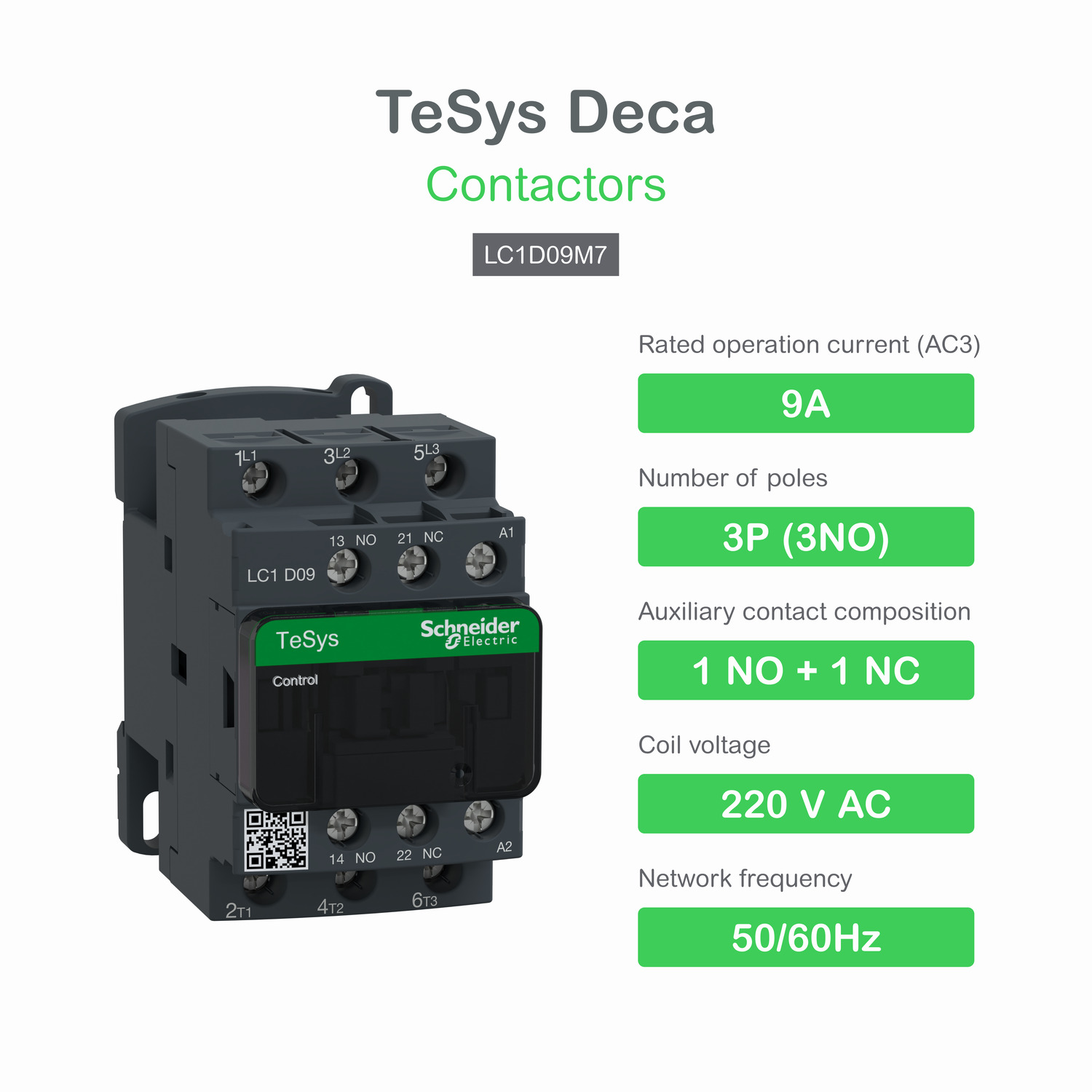 LC1D09M7, IEC contactor, TeSys Deca, nonreversing, 9A, 5HP at 480VAC ...