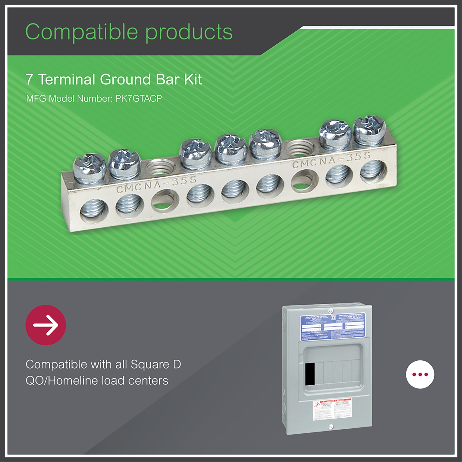 PK7GTA, Load center accessory, QO/Homeline, ground bar kit, 7 terminals ...