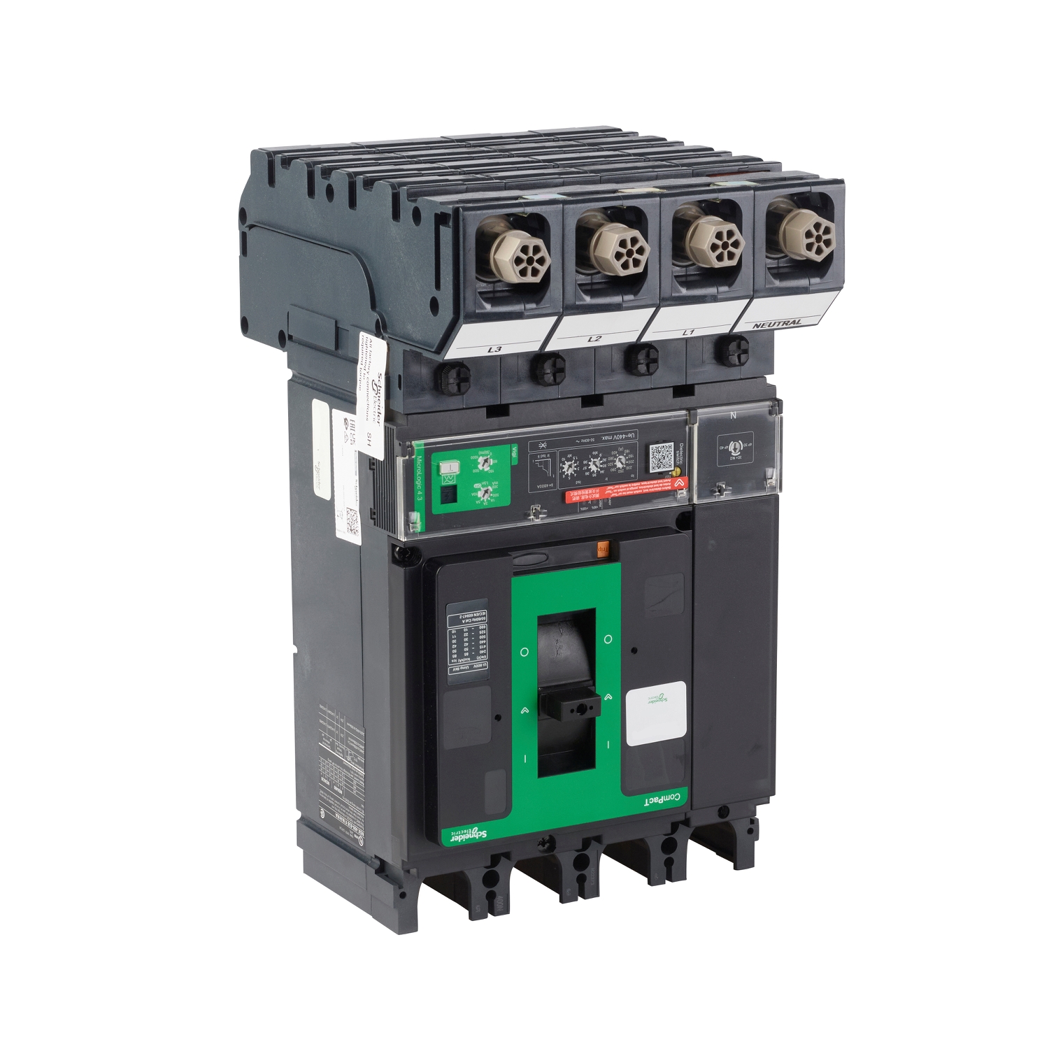 PP46304TX4 - Molded case circuit breaker, PowerPacT 4, top entry, 4P, Icu 50kA, MicroLogic 4.3 ...