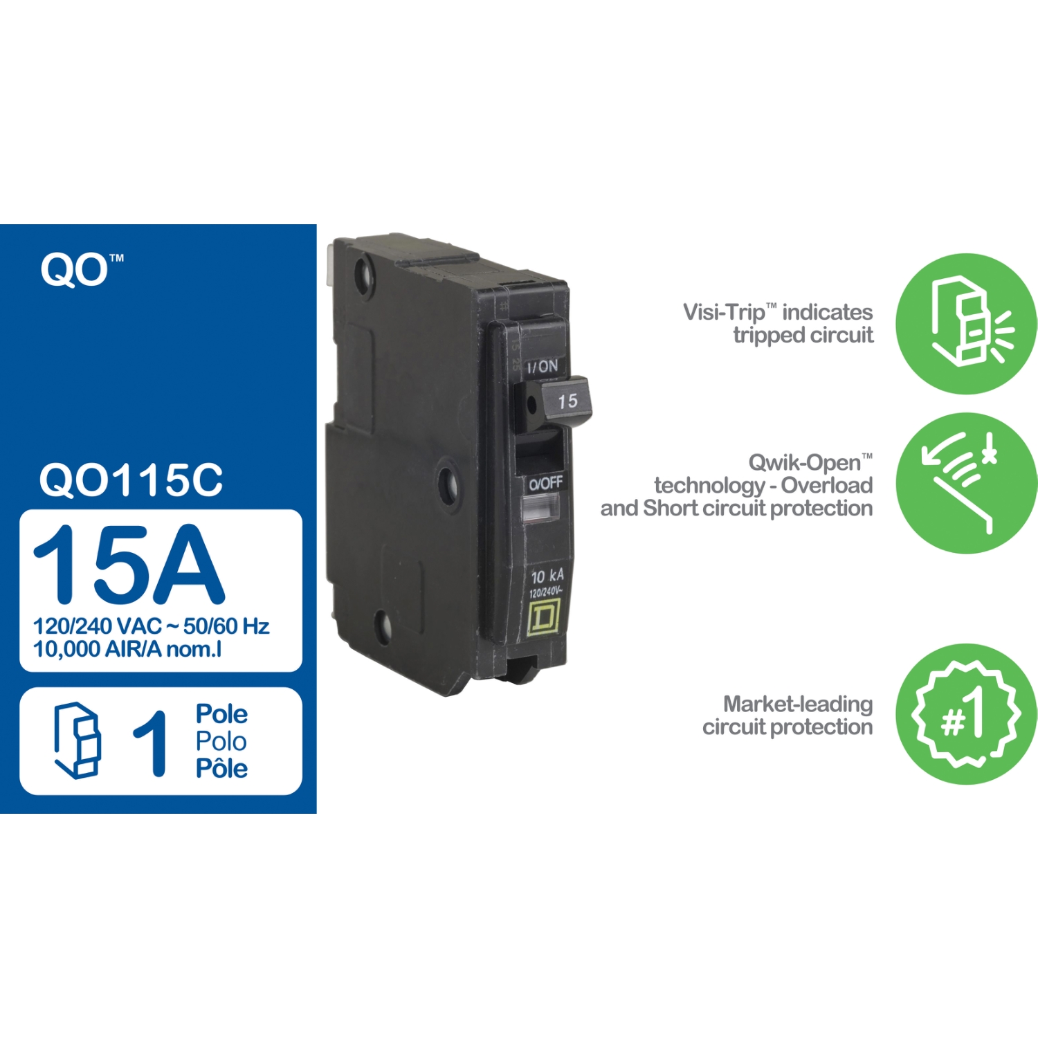 QO115C - Mini circuit breaker, QO, 15A, 1 pole, 120/240VAC, 10kA, plug ...