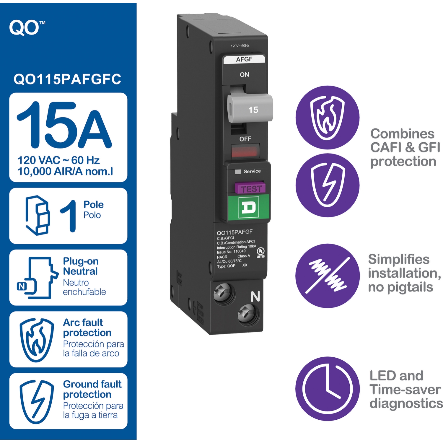 QO115PAFGFC - Mini circuit breaker, QO, 15A, 1 pole, 120VAC, 10kA, plug ...