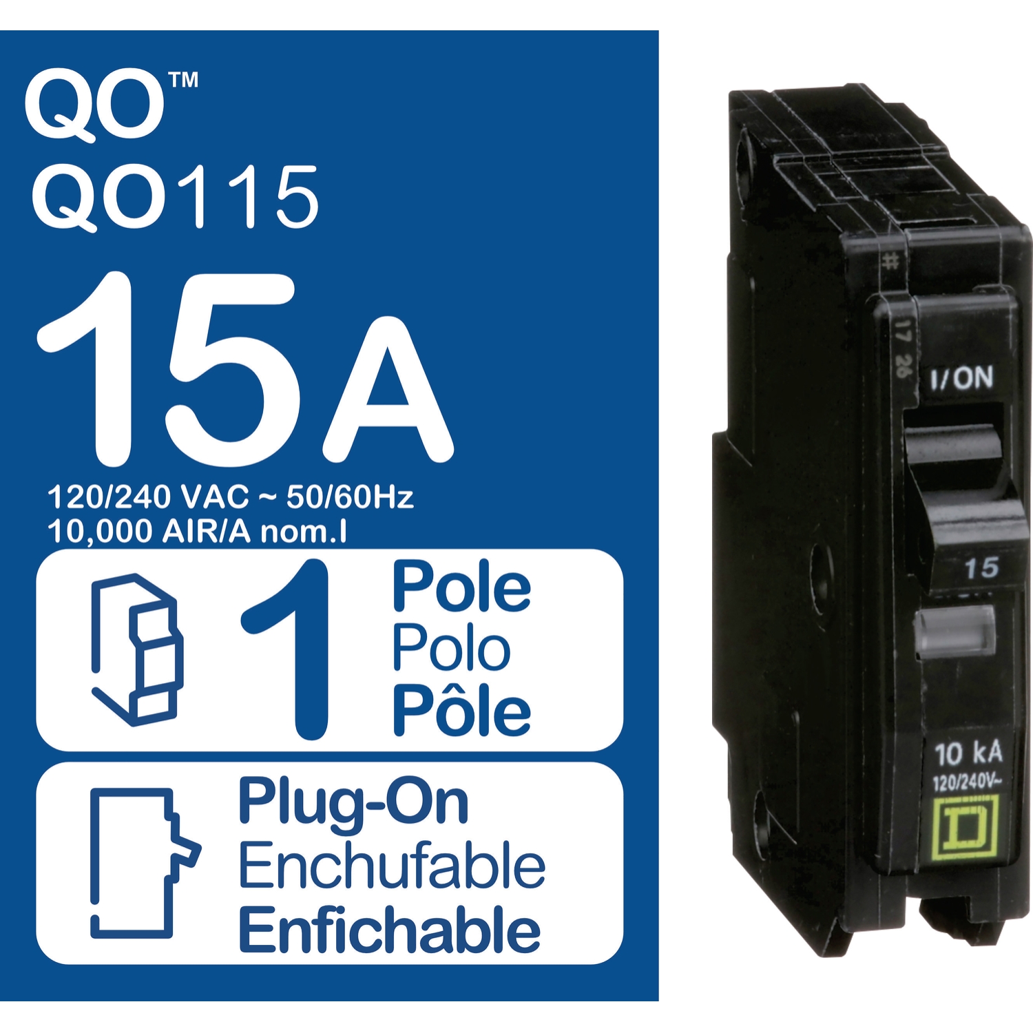 QO115 - Interruptor termomagnético mini Square D de 1 polo, 15A, 10kA, 120/240V, enchufable ...
