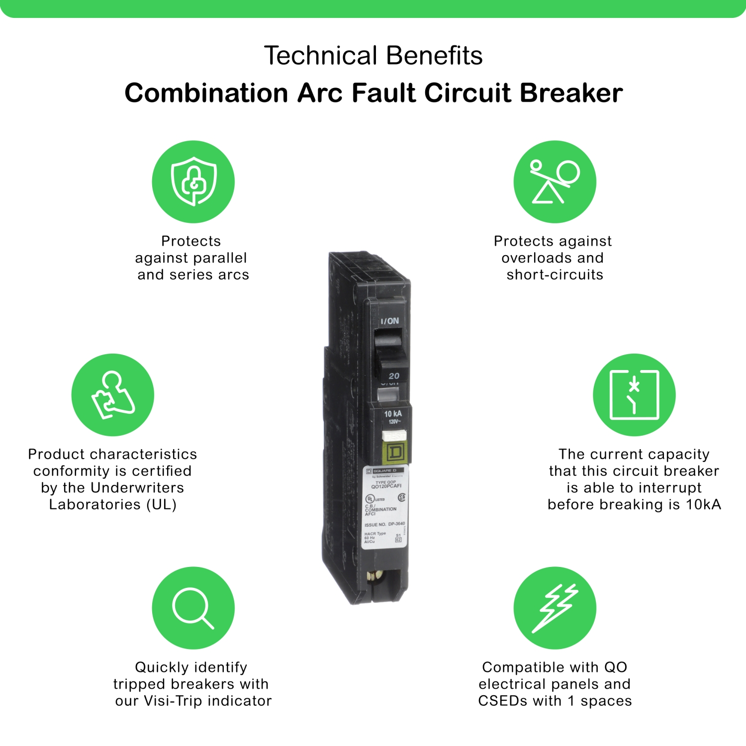 QO120PCAFIC - Mini circuit breaker, QO, 20A, 1 pole, 120VAC, 10kA, plug ...