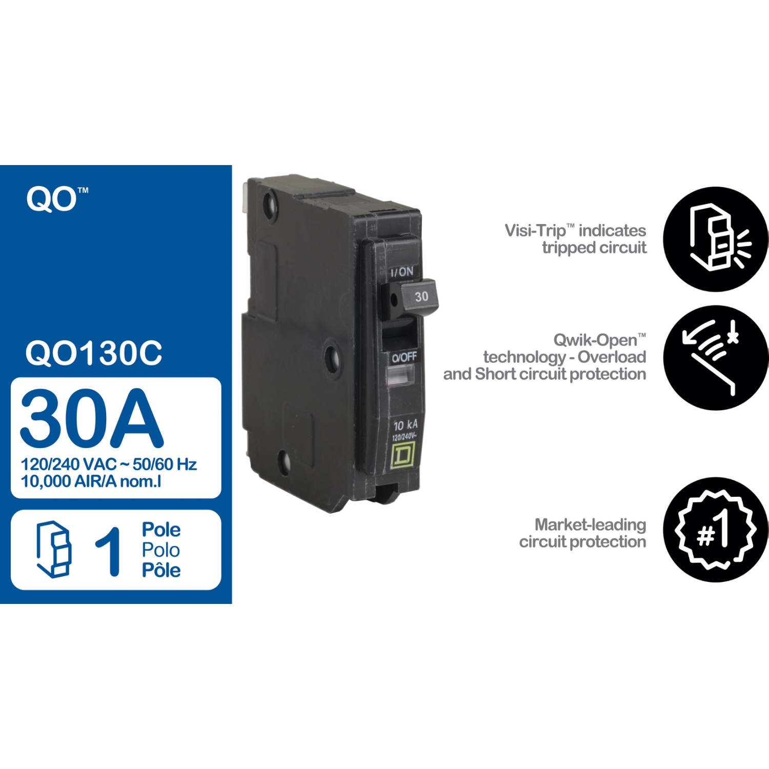 QO130C - Mini circuit breaker, QO, 30A, 1 pole, 120/240VAC, 10kA, plug ...