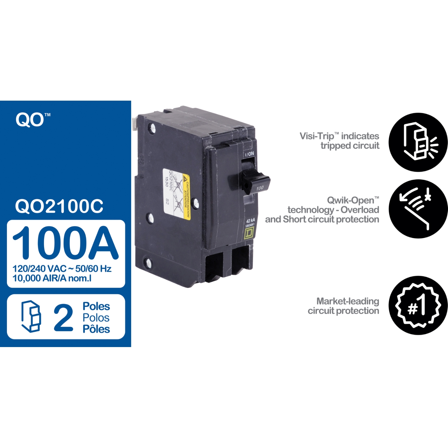 QO2100 - Interruptor termomagnético mini Square D de 2 polos, 100A, 10kA, 120/240V, enchufable ...