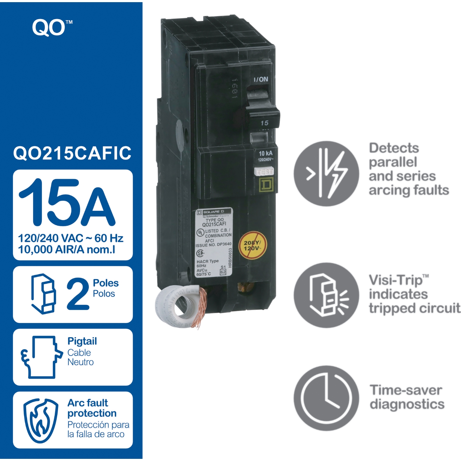 QO215CAFIC - Mini circuit breaker, QO, 15A, 2 pole, 120/240VAC, 10kA ...