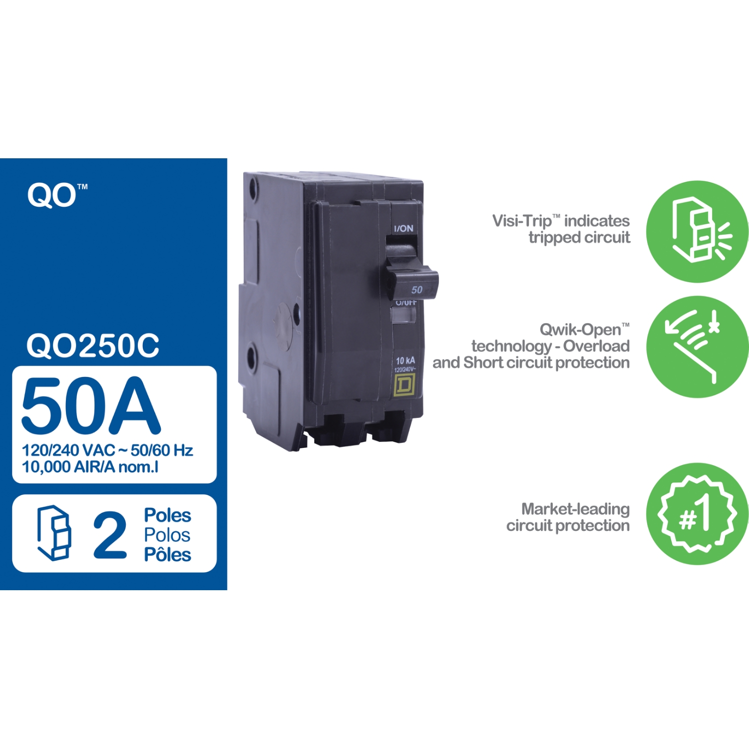 QO250 - Interruptor termomagnético mini Square D de 2 polos, 50A, 10kA, 120/240V, enchufable ...