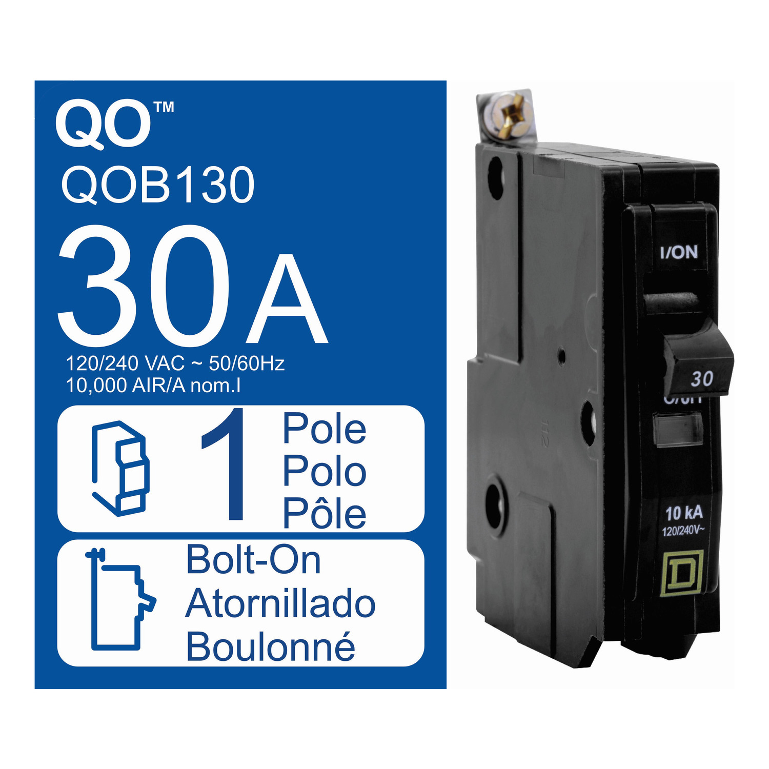 QOB130 - Interruptor termomagnético mini Square D de 1 polo, 30A, 10kA, 120/240V, atornillable ...