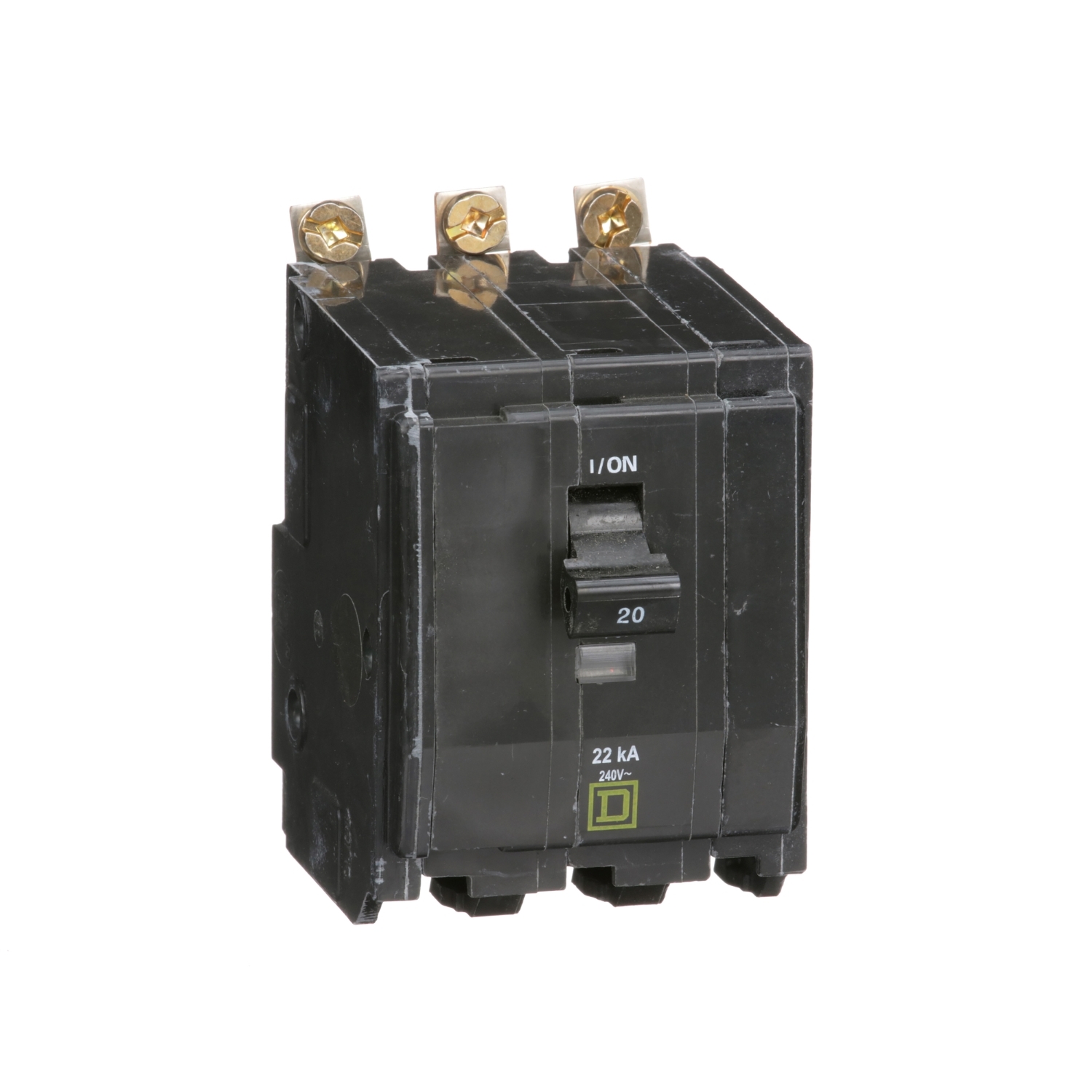 Mini circuit breaker， QO， 20A， 3 pole， 120/240 VAC， 22 kA， bolt on mount