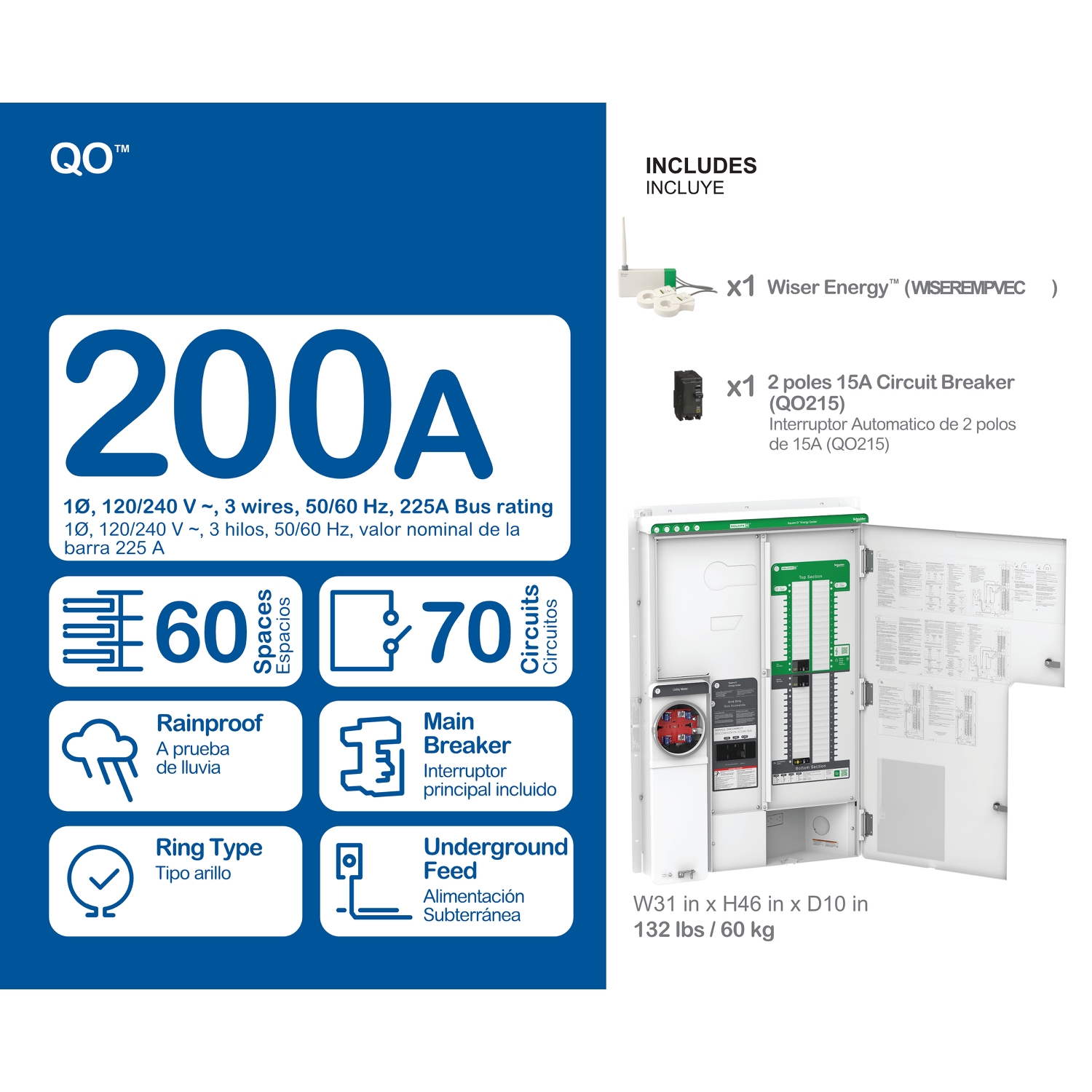 QOWC60M200PFY - Energy center, QO, 1 phase, 61 available circuits, 200A ...