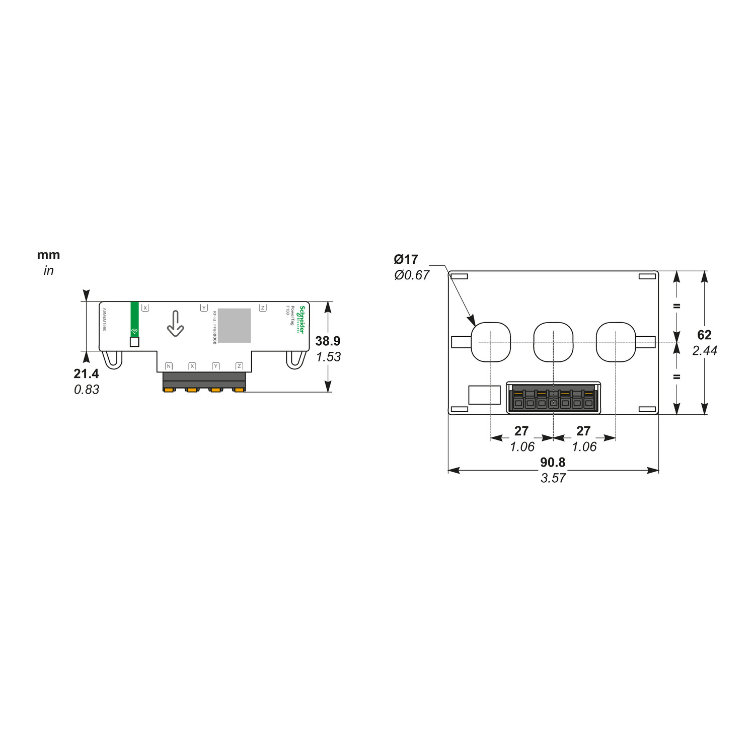 PowerTag Flex 160A 3P/3P+N top and bottom - TI Dimensions Technical ...