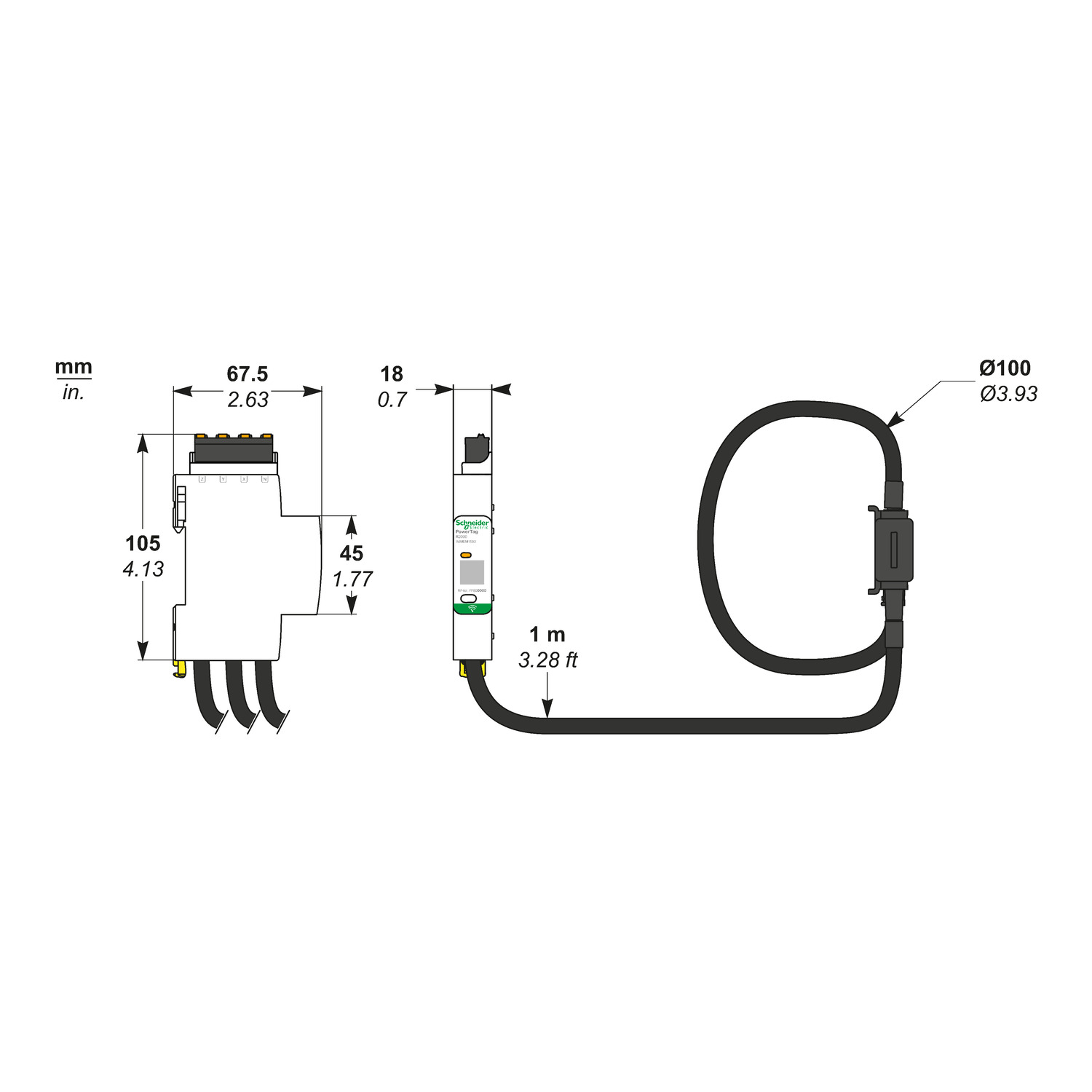 PowerTag Rope 600A 3P/3P+N - TI Dimensions Technical illustration ...