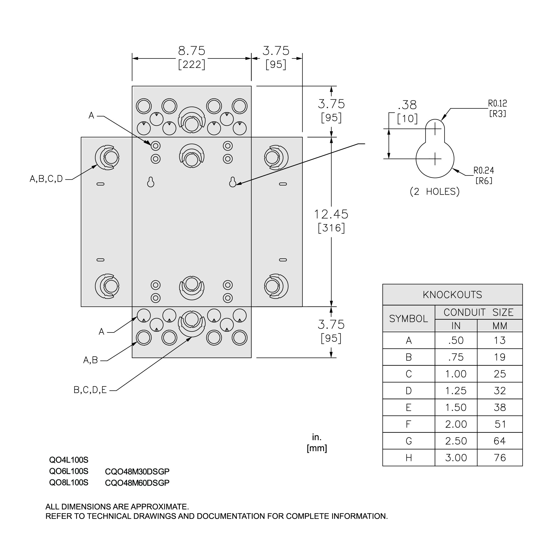 Illustration: Dimensions Drawing and Knockouts for QO4L100S, QO6L100S ...
