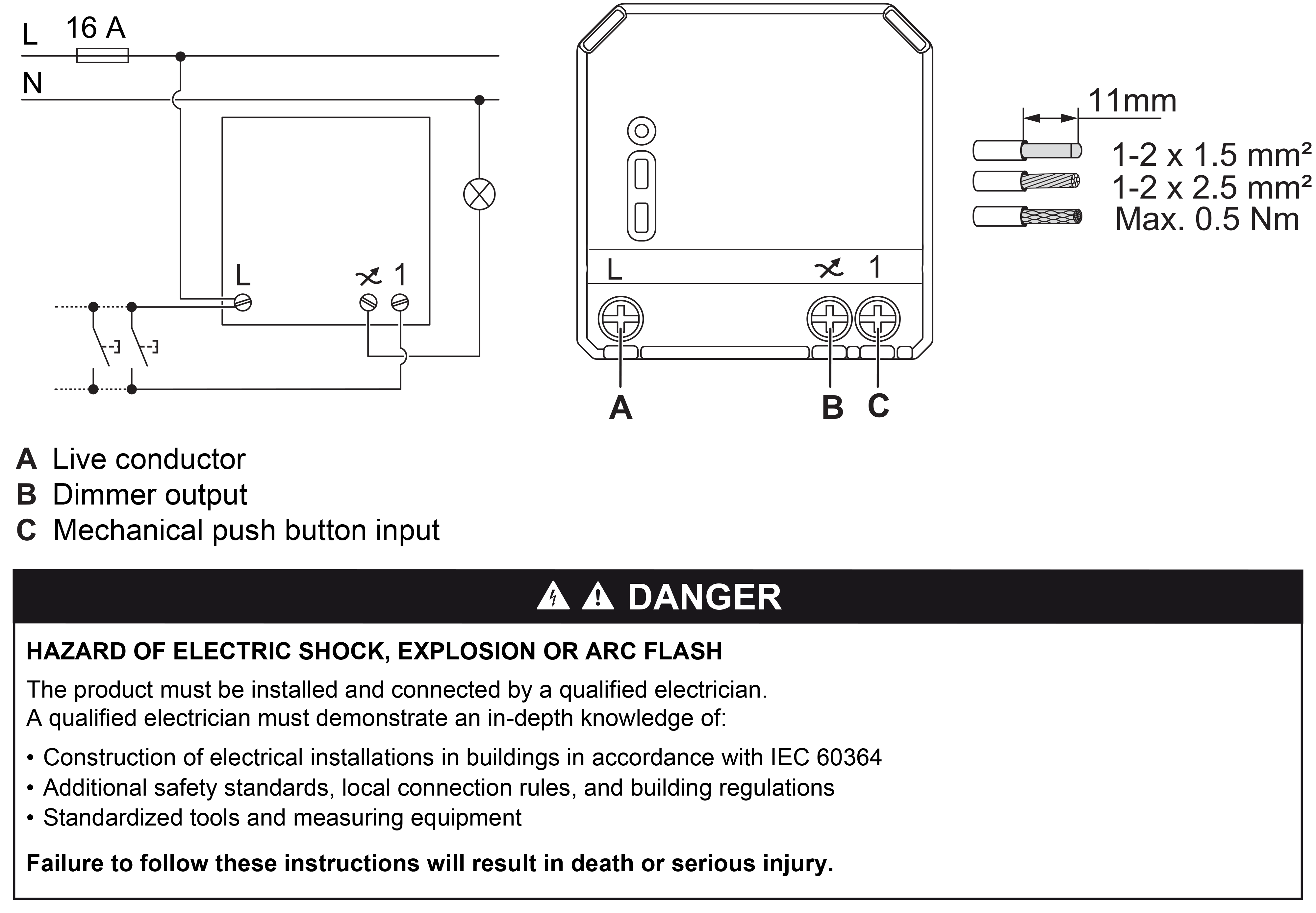 Wiser micro module dimmer, wiring diagram (en) Technische Zeichnung ...