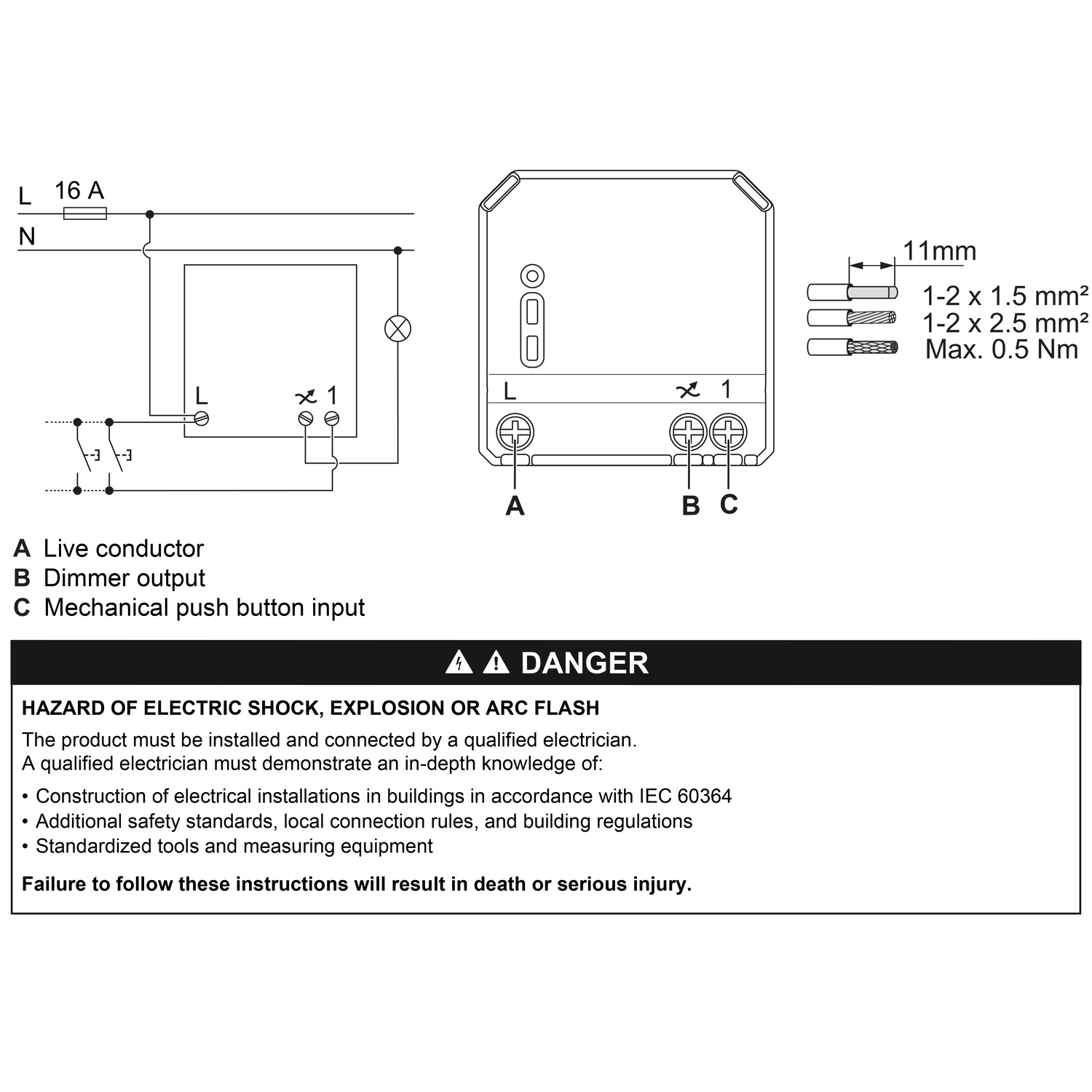 Wiser micro module dimmer, wiring diagram (en) Technische Zeichnung ...