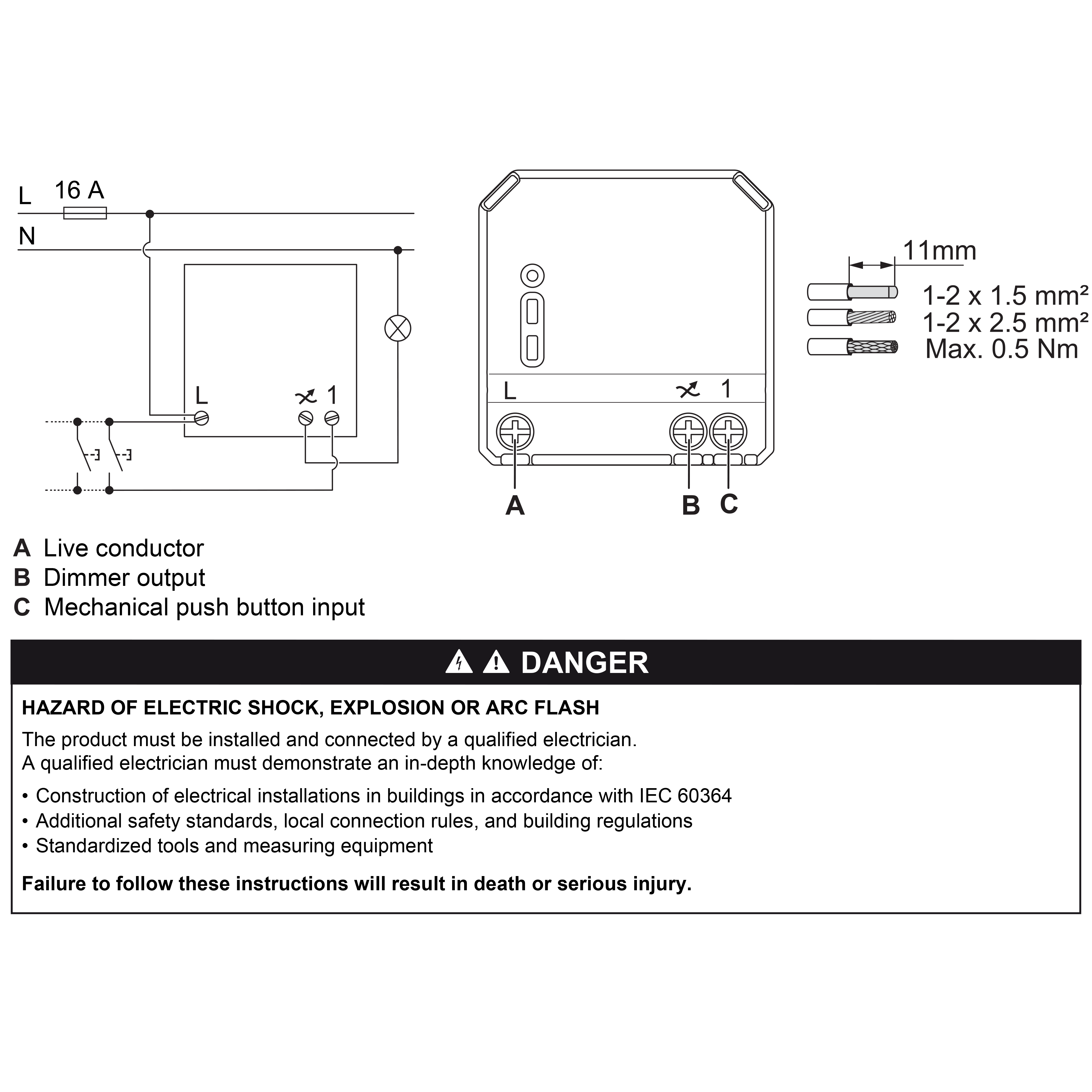 Wiser micro module dimmer, wiring diagram (en) Technische Zeichnung ...