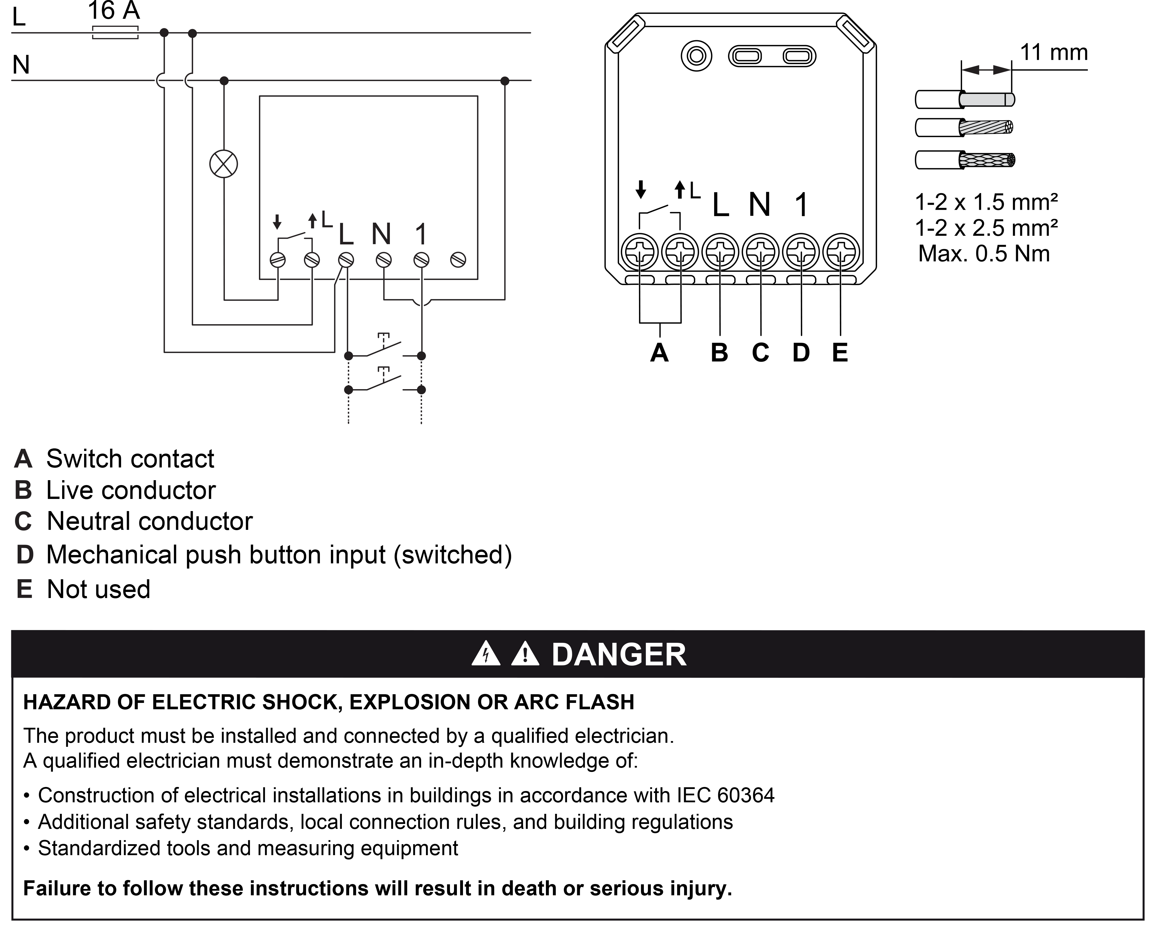 Wiser micro module switch, wiring diagram (en) Technische Zeichnung ...