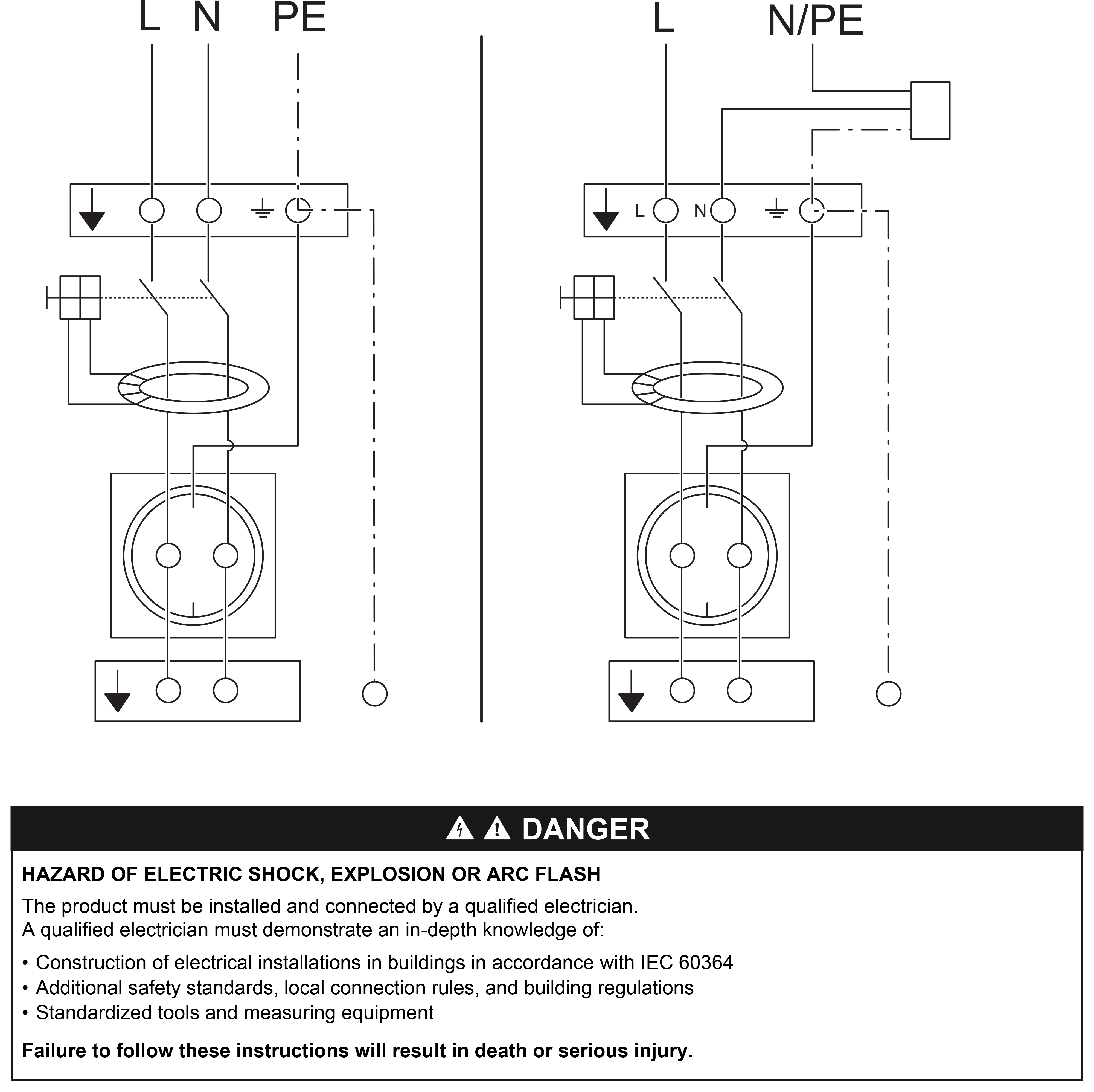 Socket outlet with RCD, wiring diagram (en) Technische Zeichnung ...