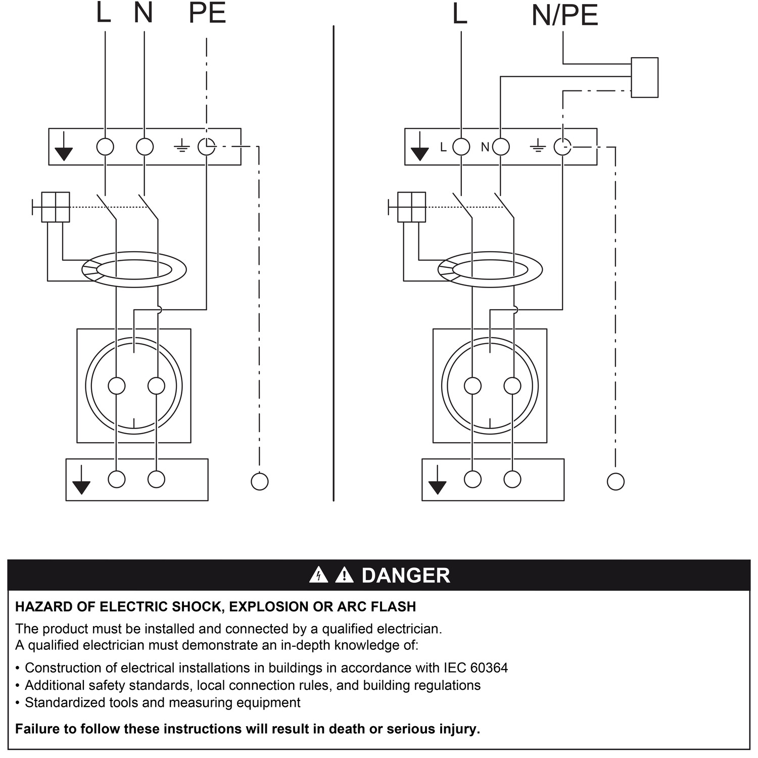 Socket outlet with RCD, wiring diagram (en) Technische Zeichnung ...