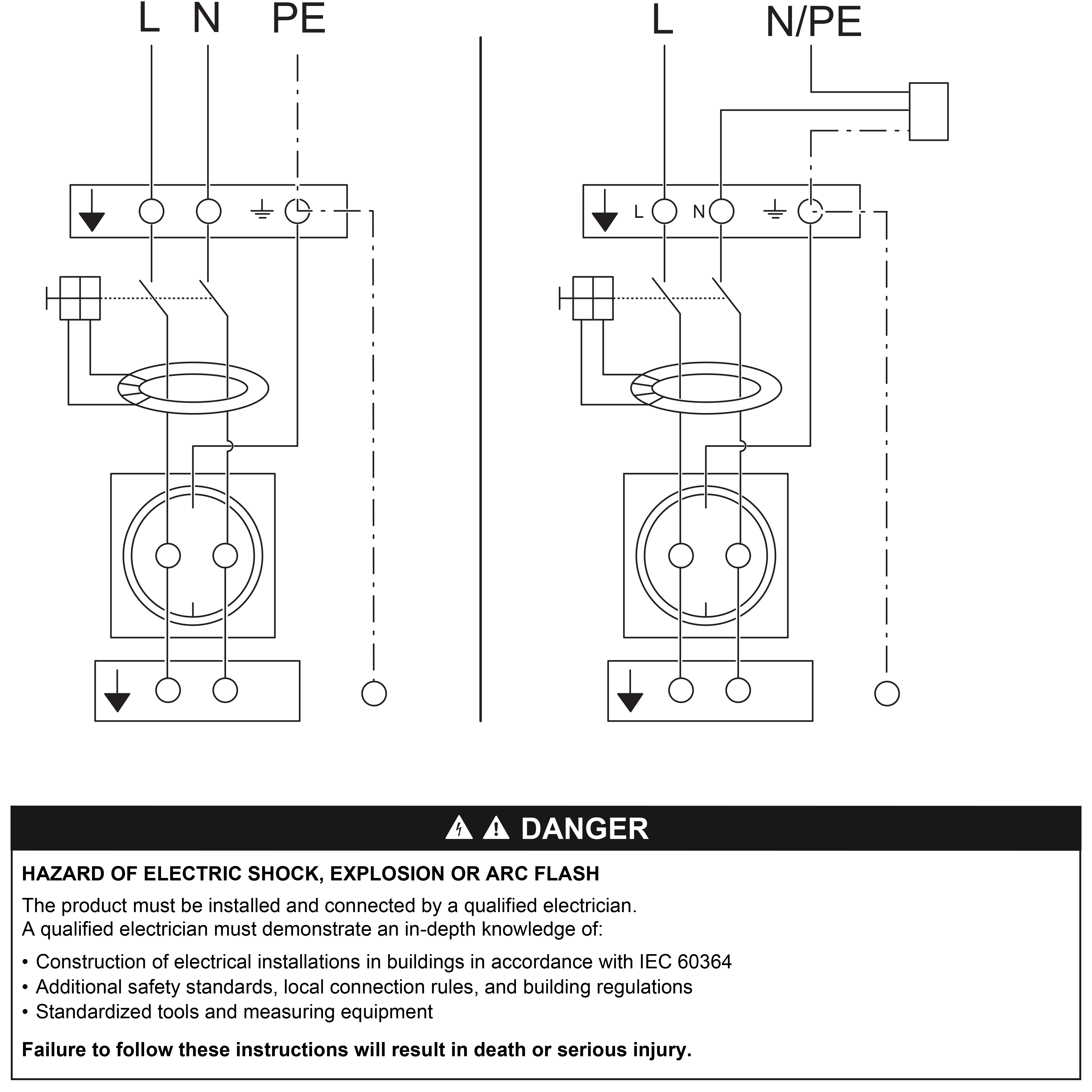 Socket outlet with RCD, wiring diagram (en) Technische Zeichnung ...