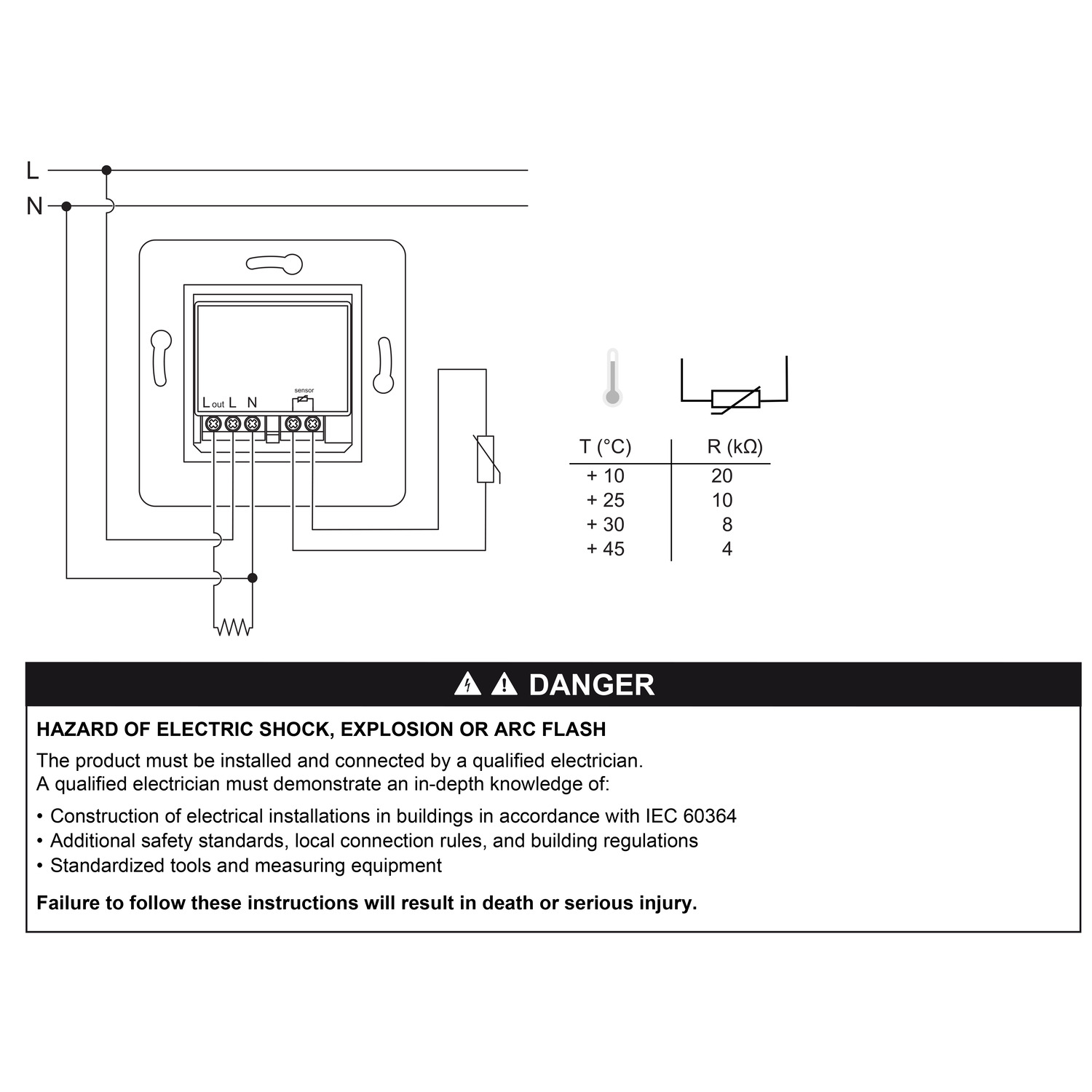 Odace, floor thermostat, heat with sensor, wiring diagram (en ...